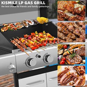 Kismile Gas Grill, 3-Burner Griddle with Extra Side Burner, Max. 34,000 BTU total, Built-in Thermometer, Stainless Steel Propane Grill for Camping Picnic Cookout BBQ