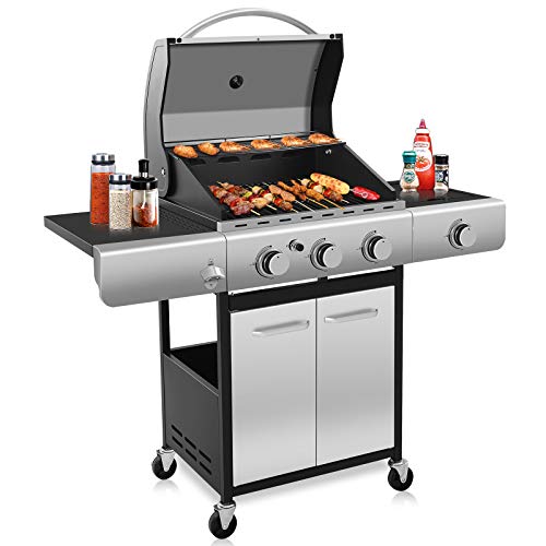 Kismile Gas Grill, 3-Burner Griddle with Extra Side Burner, Max. 34,000 BTU total, Built-in Thermometer, Stainless Steel Propane Grill for Camping Picnic Cookout BBQ