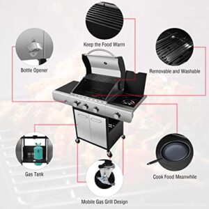 Kismile Gas Grill, 3-Burner Griddle with Extra Side Burner, Max. 34,000 BTU total, Built-in Thermometer, Stainless Steel Propane Grill for Camping Picnic Cookout BBQ