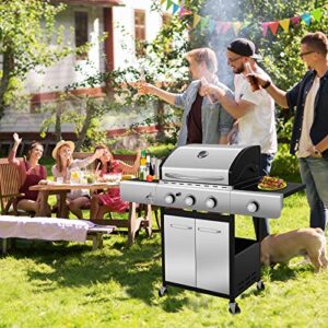 Kismile Gas Grill, 3-Burner Griddle with Extra Side Burner, Max. 34,000 BTU total, Built-in Thermometer, Stainless Steel Propane Grill for Camping Picnic Cookout BBQ