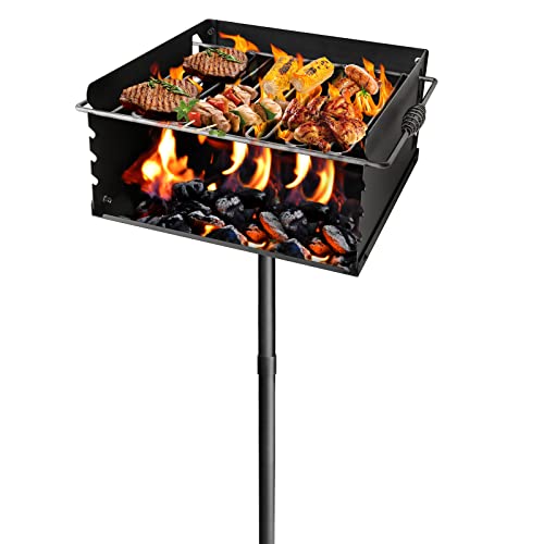 Migoda Park-Style Charcoal Grill, 16x16x8 Inch Heavy Duty Steel Outdoor BBQ Grill with Grate, Single Post Carbon Steel Park Grill for BBQ, Backyard, Camping