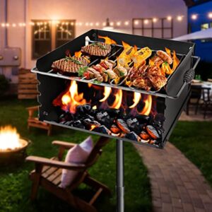 Migoda Park-Style Charcoal Grill, 16x16x8 Inch Heavy Duty Steel Outdoor BBQ Grill with Grate, Single Post Carbon Steel Park Grill for BBQ, Backyard, Camping