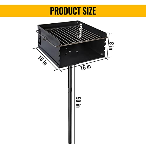 Migoda Park-Style Charcoal Grill, 16x16x8 Inch Heavy Duty Steel Outdoor BBQ Grill with Grate, Single Post Carbon Steel Park Grill for BBQ, Backyard, Camping