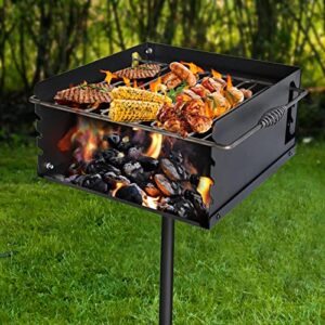 Migoda Park-Style Charcoal Grill, 16x16x8 Inch Heavy Duty Steel Outdoor BBQ Grill with Grate, Single Post Carbon Steel Park Grill for BBQ, Backyard, Camping