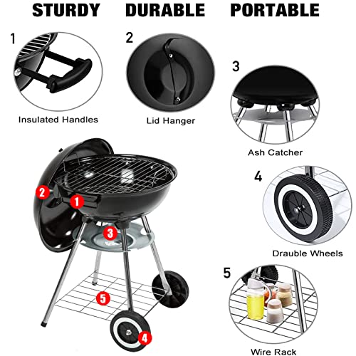 SRHMYWBW Portable Charcoal Grill for Outdoor 17 Inch Barbecue Grill 4.5kg/10 Lbs Charcoal BBQ Grill Round BBQ Kettle Outdoor for Outdoor Cooking Picnic Patio Backyard (Red)