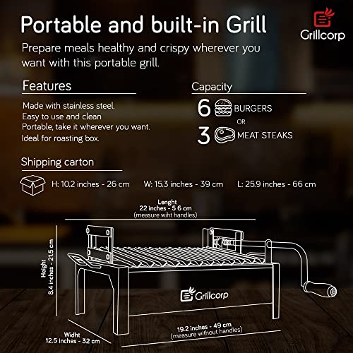 Grillcorp, Portable and built-in Grill with Lifting System, 100% Stainless Steel, Argentine grill, Attachment for Junior Caja China, BBQ, Outdoor Cooking, Camping grill, drip pan (Argentine style)