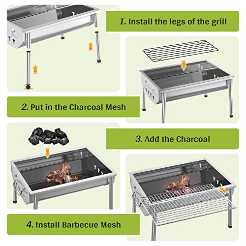 RESVIN Portable Charcoal Grill, Stainless Steel BBQ Grill, Small Tabletop Grill for Outdoor Camping Picnic Patio Backyard Cooking