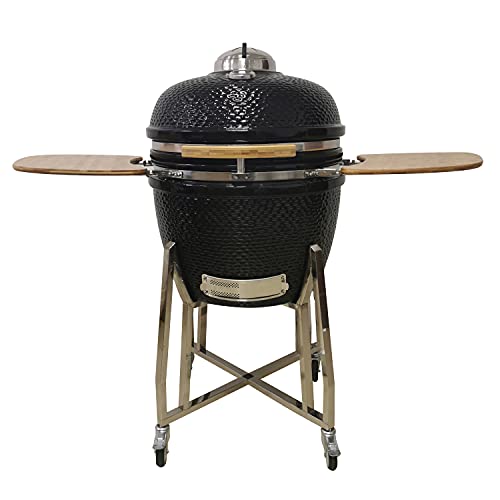 24 in. Lifesmart Kamado Ceramic Charcoal Grill in Black with Free Cover, Electric Starter and Pizza Stone, Double tier cooking grid, 641 sq. in. of cooking surface