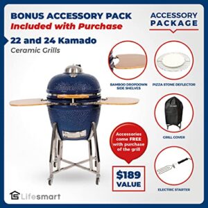 24 in. Lifesmart Kamado Ceramic Charcoal Grill in Black with Free Cover, Electric Starter and Pizza Stone, Double tier cooking grid, 641 sq. in. of cooking surface