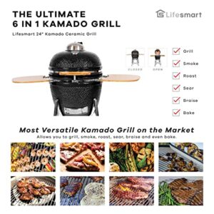 24 in. Lifesmart Kamado Ceramic Charcoal Grill in Black with Free Cover, Electric Starter and Pizza Stone, Double tier cooking grid, 641 sq. in. of cooking surface