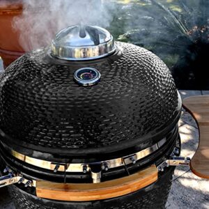 24 in. Lifesmart Kamado Ceramic Charcoal Grill in Black with Free Cover, Electric Starter and Pizza Stone, Double tier cooking grid, 641 sq. in. of cooking surface