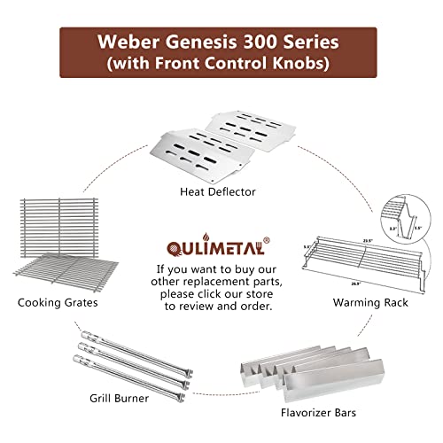 QuliMetal SUS304 Grill Burner and 7620 Flavor Bars for Weber Genesis 300 Series (2011-2016), Genesis E310 E320 E330 S310 S320 S330 Gas Grills with Front Control Panel