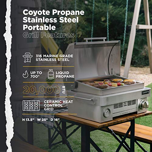 COYOTE OUTDOOR LIVING Portable Propane Gas Grill, 25 Inch Portable Grill with Ceramic Heat Control Grid - C1PORTLP