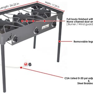 High Pressure Banjo Outdoor Camp Stove with Adjustable Height. 0-20 PSI Adjustable Regulator and Steel Braided Hose (3-Burner)