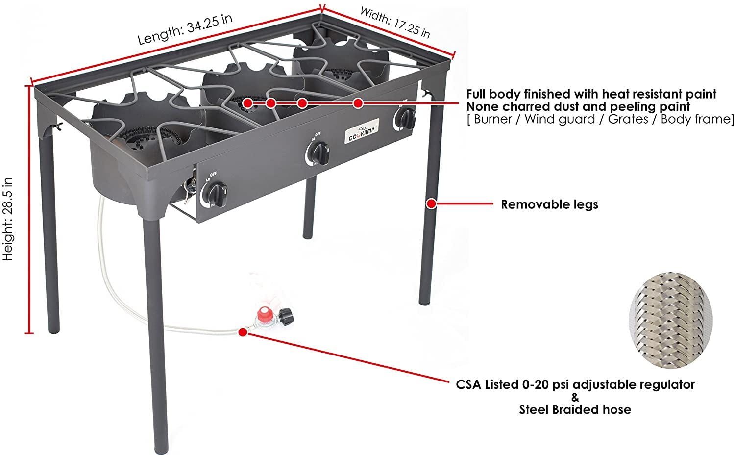 High Pressure Banjo Outdoor Camp Stove with Adjustable Height. 0-20 PSI Adjustable Regulator and Steel Braided Hose (3-Burner)