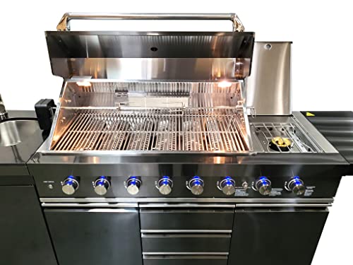 MCP Island Grills Black Stainless Steel 6 Burner 2 Modular Piece Marble Top BBQ Outdoor Electric Propane Grill Kitchen with Refrigerator, Sink, Side Burner, LED Lights on Knobs, & Protective Cover