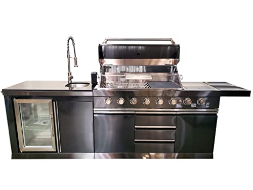 MCP Island Grills Black Stainless Steel 6 Burner 2 Modular Piece Marble Top BBQ Outdoor Electric Propane Grill Kitchen with Refrigerator, Sink, Side Burner, LED Lights on Knobs, & Protective Cover