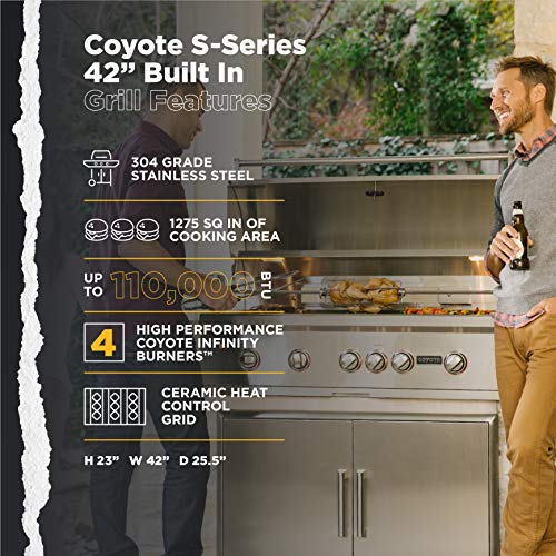 COYOTE Outdoor Living S-Series Natural Gas Grill, 42-in. 4-Burner Built-in Grill with RapidSear Infrared Burner & Rotisserie - C2SL42NG