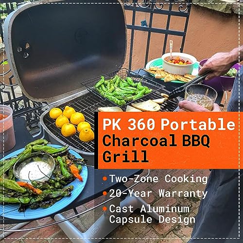 PK Grills Charcoal BBQ Grill and Smoker Combination PK360 Cast Aluminium Portable Outdoor Barbecue Grill Smoker for Camping, Tailgating, Park Grilling, PK360-BTBX-D, Graphite