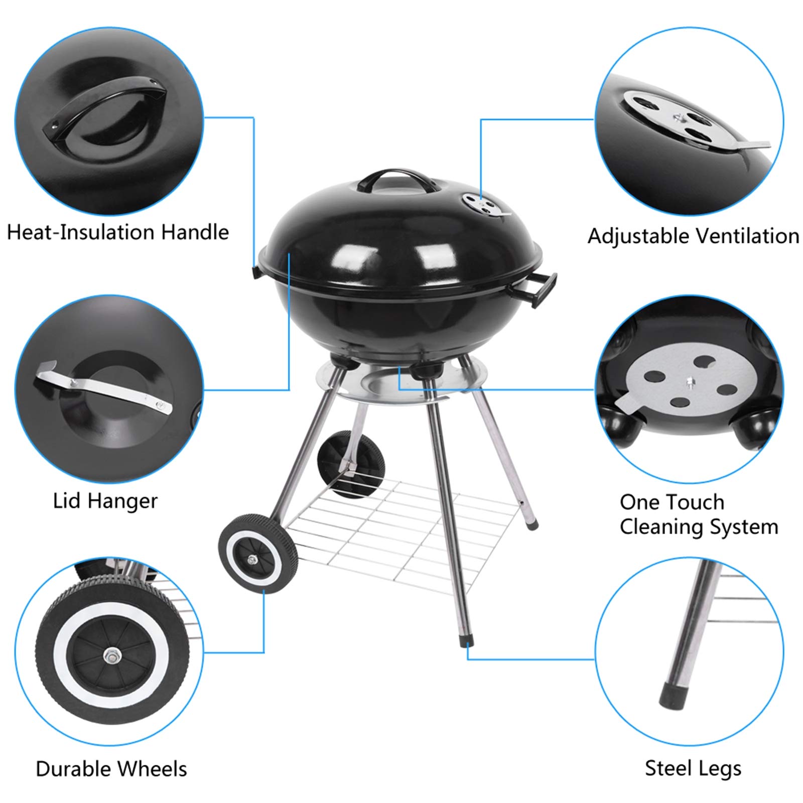 Outvita Charcoal Grill, 18 inch Stainless Steel BBQ Charcoal with Wheels and Storage Holder for Camping, Picnic, Barbecue, Party, Outdoor Activities