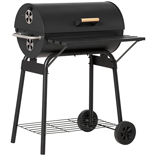 Outsunny 30" Portable Barrel Charcoal BBQ Grill with 4-Position Adjustable Charcoal Rack, Carbon Steel Outdoor Barbecue Smoker with Storage Shelf, Wheel, for Garden Camping Picnic