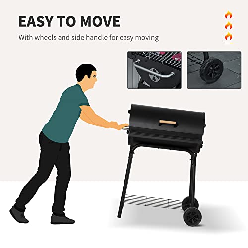 Outsunny 30" Portable Barrel Charcoal BBQ Grill with 4-Position Adjustable Charcoal Rack, Carbon Steel Outdoor Barbecue Smoker with Storage Shelf, Wheel, for Garden Camping Picnic