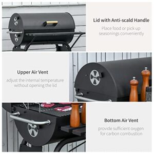 Outsunny 30" Portable Barrel Charcoal BBQ Grill with 4-Position Adjustable Charcoal Rack, Carbon Steel Outdoor Barbecue Smoker with Storage Shelf, Wheel, for Garden Camping Picnic