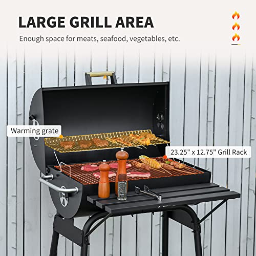 Outsunny 30" Portable Barrel Charcoal BBQ Grill with 4-Position Adjustable Charcoal Rack, Carbon Steel Outdoor Barbecue Smoker with Storage Shelf, Wheel, for Garden Camping Picnic