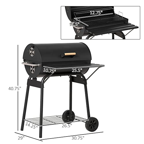 Outsunny 30" Portable Barrel Charcoal BBQ Grill with 4-Position Adjustable Charcoal Rack, Carbon Steel Outdoor Barbecue Smoker with Storage Shelf, Wheel, for Garden Camping Picnic