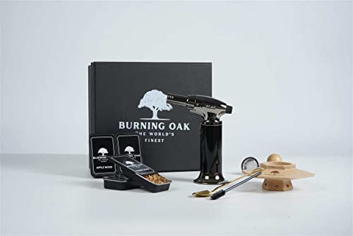 Burning Oak Cocktail Smoker Kit – Professional Whiskey Smoker Kit with Torch, Apple, Oak, Cherry and Walnut Wood Chips – Old Fashioned Smoker Kit In Stylish Black Box(1ST)