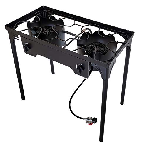 Cast Iron Outdoor High-Pressure Double Burner Propane Stove Cooker & Stand with Regulator 150,000 BTU