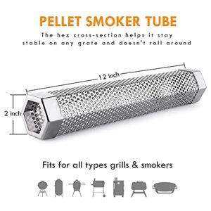 WSNM Pellet Smoker Tube,12Inch Stainless Steel BBQ Wood Smoker Tube for 5 Hours of Billowing Smoke, Pellet Smoker Tube for All Grill or Smoker, Hot or Cold Smoking, Clean Brush and Hooks