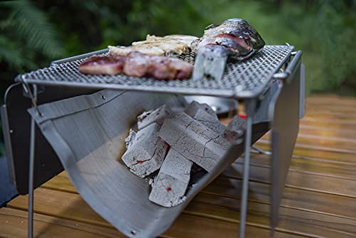 Boundless Voyage Titanium Folding Campfire Grill BBQ Charcoal Collapsible Grilled Net 2 in 1 Portable Grill Camping Table with Frying Plate Portable Folding Legs Outdoor Picnic Backpacking