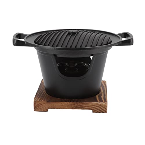 Hibachi Grill Smokeless Tabletop Portable Grill Wooden Frame Aluminium Alloy Easy Assembly Stove Base Barbecue Pot Professional Charcoal Grill for Camping Home Barbecue