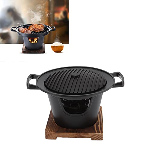 Hibachi Grill Smokeless Tabletop Portable Grill Wooden Frame Aluminium Alloy Easy Assembly Stove Base Barbecue Pot Professional Charcoal Grill for Camping Home Barbecue