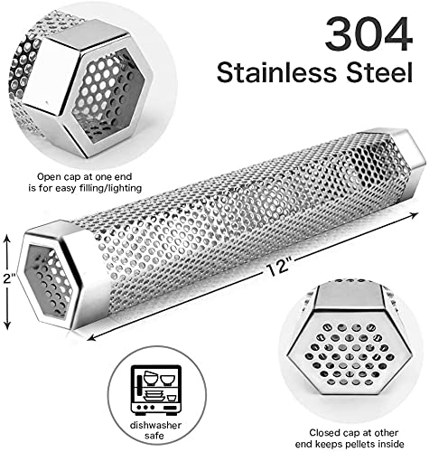 Pellet Smoker Tube, 12'' Stainless Steel Wood Pellet Smoke Tube for Cold/Hot Smoking, Portable Barbecue BBQ Smoke Generator Works with Electric Gas Charcoal Grill Smokers (Hexagon Tube+2Hooks)