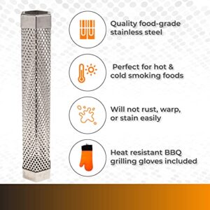 ConveniPro Pellet Smoker Tube & Heat Resistant BBQ Glove | 12 Inch Smoker Box Tube For All Electric, Gas, Charcoal Grills & Smokers | Suitable For Hot & Cold Smoking