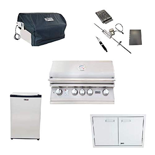 AMS Fireplace Lion 32" Natural Gas Grill Package with Double Access Door Refrigerator, Rotisserie Kit, Smoker Box, Grill Cover, Griddle & Griddle Remover.