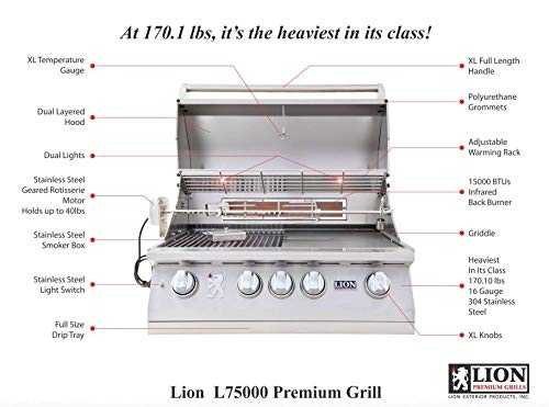 AMS Fireplace Lion 32" Natural Gas Grill Package with Double Access Door Refrigerator, Rotisserie Kit, Smoker Box, Grill Cover, Griddle & Griddle Remover.