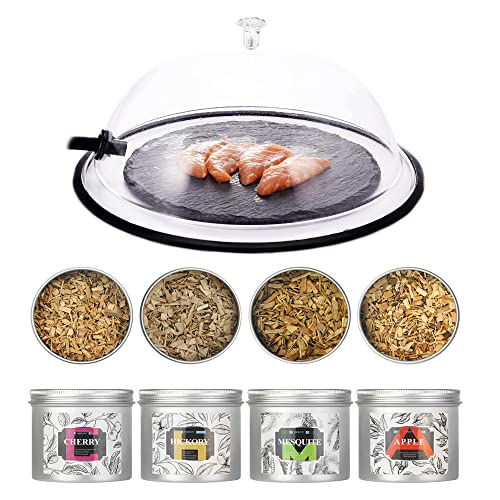 TMKEFFC Smoking Cloche Dome Cover 10 Inches Lid + 4 Pack Natural Wood Chips Set for Smoking Gun Food Drinks Cocktail Smoker