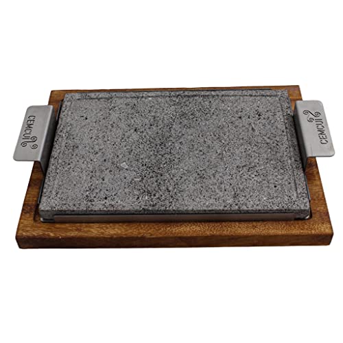 Comal Grill and Serve - 20 x 30 cm Volcanic Stone with Steel Handle Includes Wooden Base