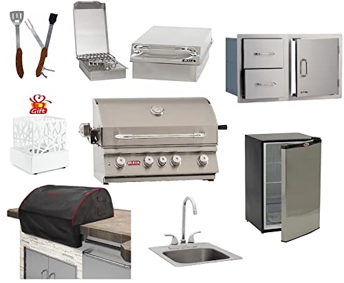 BULL GRILLS The Angus 30" Grill Natural Gas with Single Side Burner, Stainless Steel Sink,Grill Cover, Refrigerator, Door & Drawer Combo with 5 in 1 BBQ Tool Set | FREE Bio-Ethanol Table-top Fire pit