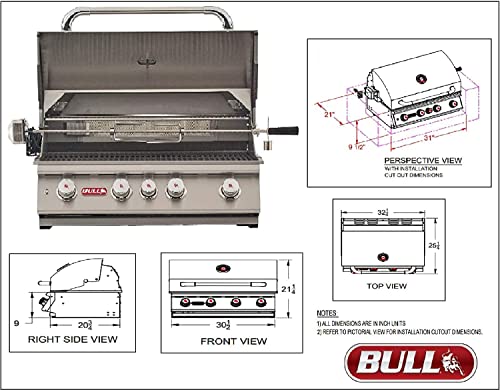 BULL GRILLS The Angus 30" Grill Natural Gas with Single Side Burner, Stainless Steel Sink,Grill Cover, Refrigerator, Door & Drawer Combo with 5 in 1 BBQ Tool Set | FREE Bio-Ethanol Table-top Fire pit