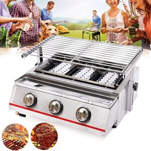 3-Burner BBQ Gas Grill, Commercial Gas LPG Grill 2800PA Outdoor BBQ Tabletop Cooker Multi-Function Gas BBQ Grill Outdoor Cooking Camping Stainless Steel