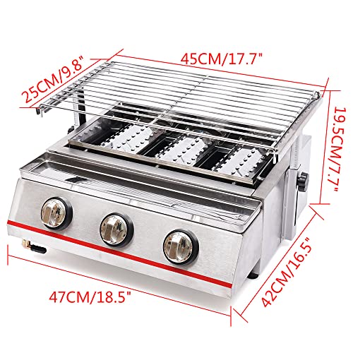 3-Burner BBQ Gas Grill, Commercial Gas LPG Grill 2800PA Outdoor BBQ Tabletop Cooker Multi-Function Gas BBQ Grill Outdoor Cooking Camping Stainless Steel