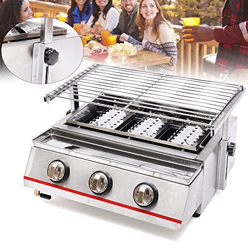 3-Burner BBQ Gas Grill, Commercial Gas LPG Grill 2800PA Outdoor BBQ Tabletop Cooker Multi-Function Gas BBQ Grill Outdoor Cooking Camping Stainless Steel