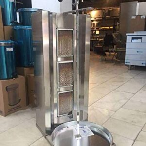 Professional Commercial Industrial Countertop 3 Burner Propane Gas Meat Capacity 35 kg / 77 lbs. Rotating Spinning Vertical Broiler Shawarma Gyro Doner Grill Kebab Tacos Al Pastor Machine