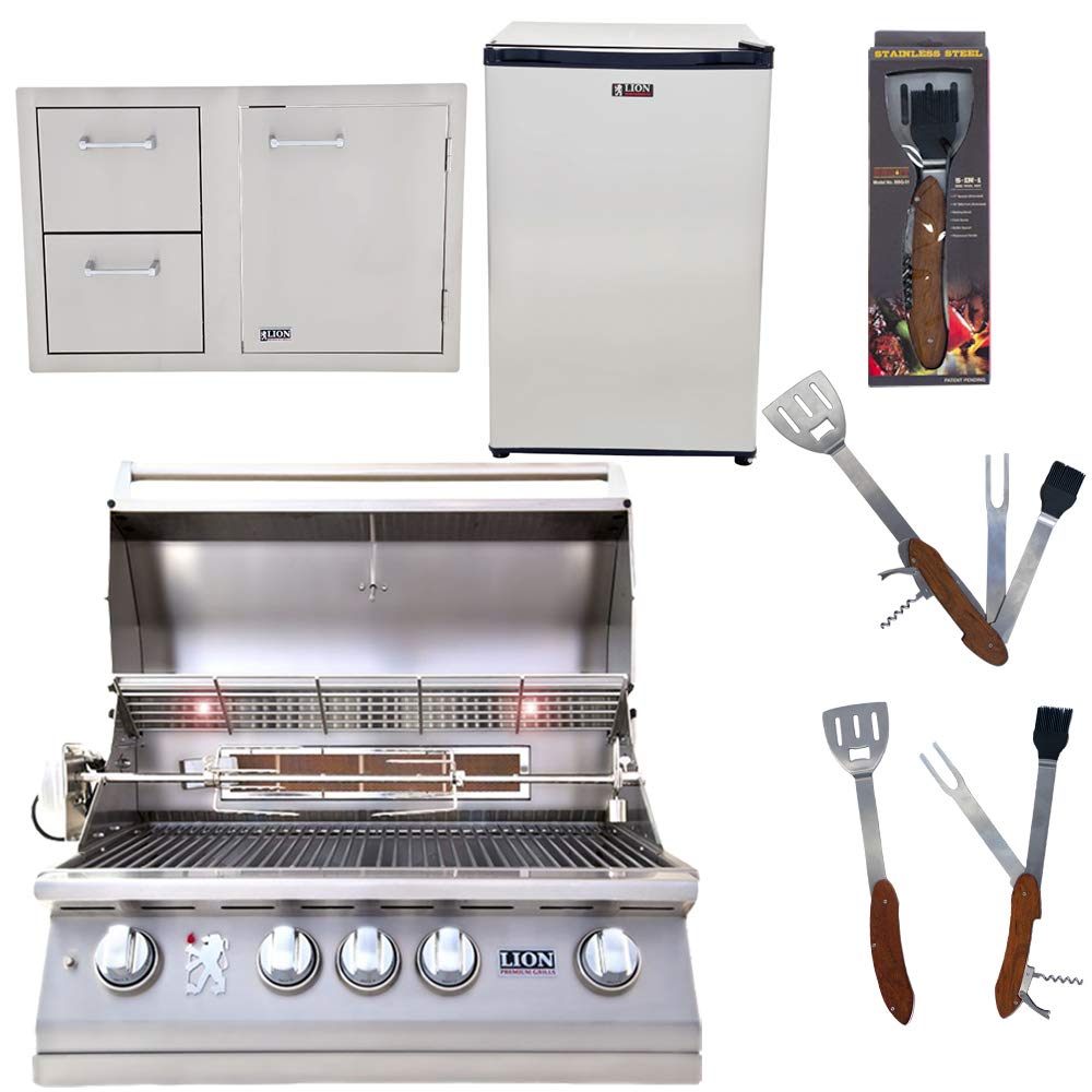 Lion Premium Grills 32-Inch Natural Gas Grill L75000 with Lion Door and Drawer Combo with Towel Rack and Lion Refrigerator Package Deal with 5 in 1 BBQ Tool Set