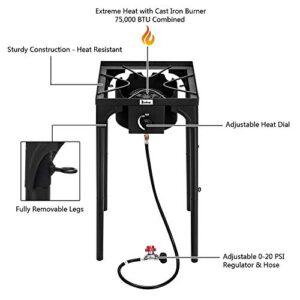 Single Propane Burner Outdoor Camp Gas Stove, High Pressure Propane Gas Cooker, Portable Cast Iron Patio Cooking Brewing Burner Detachable Legs Great for Camping, Patio, or RV