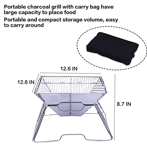 LynsaTac 12.6” Stainless Steel Foldable Camping Grills with Carry Bag, Portable BBQ Grills for Camping Outdoor Picnic Hiking, Easy to Carry and Assemble, 12.6Lx12.6Wx8.7H inches